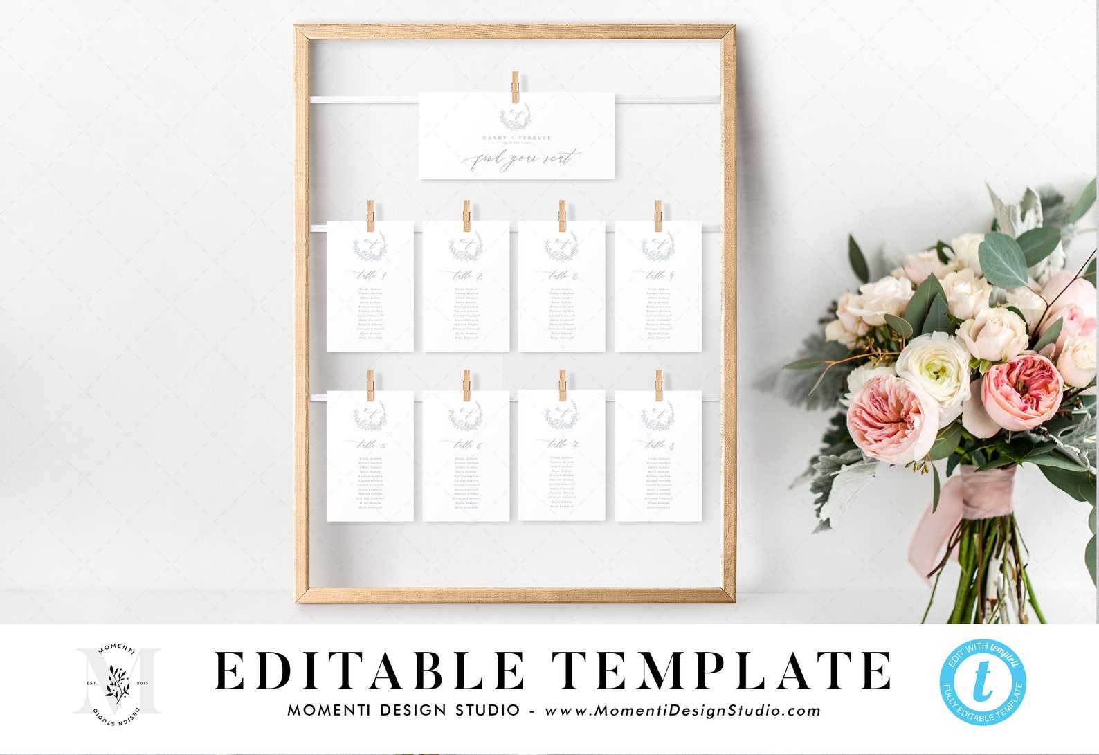 Seating Chart Cards Template Monogram Dusty Blue Seating | Etsy