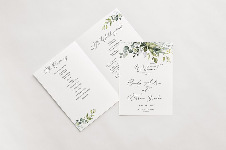 Greenery Program Template Folded Wedding Program Printable - Etsy