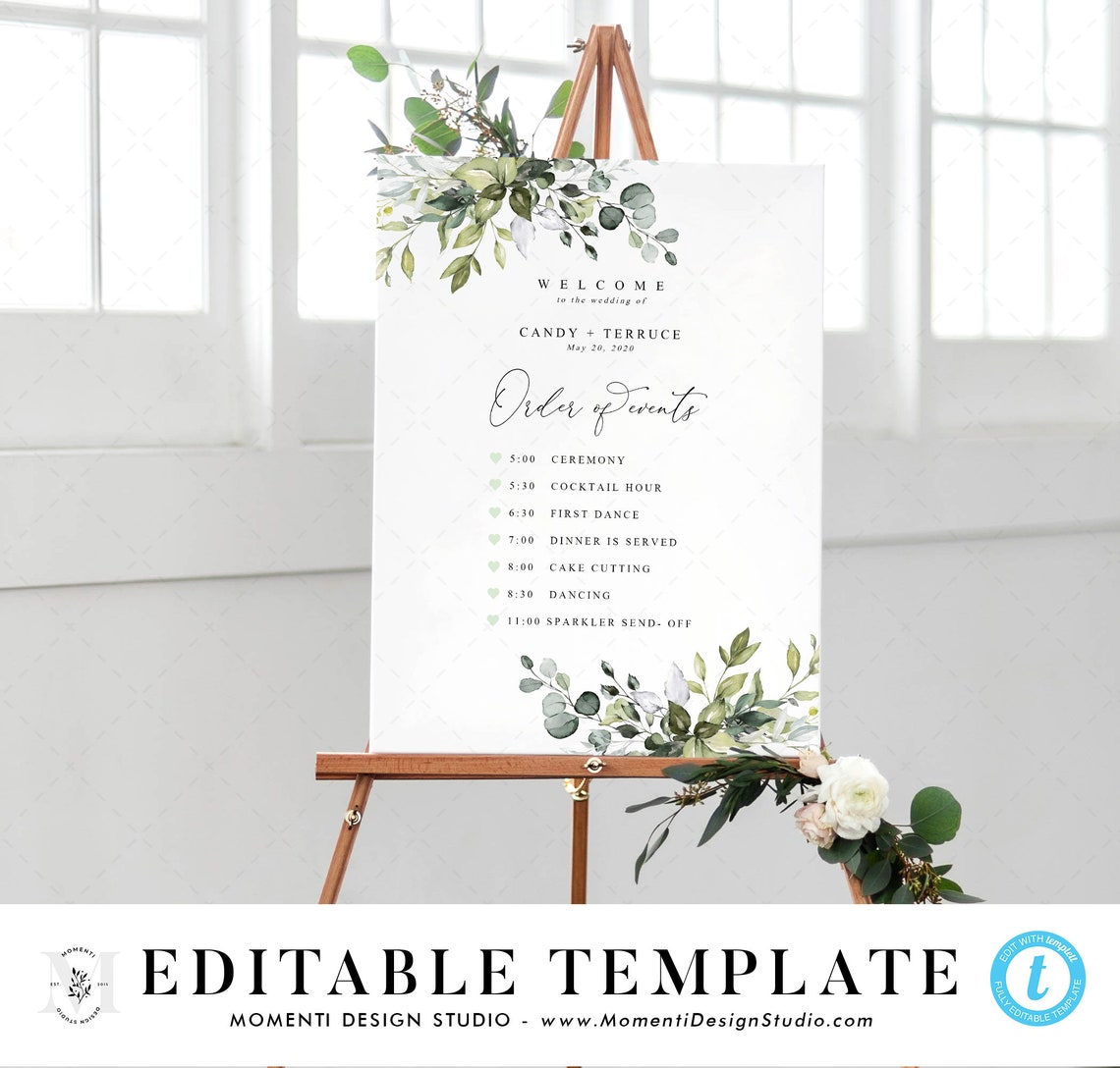 Order of Events Sign Template Greenery Editable Sign | Etsy