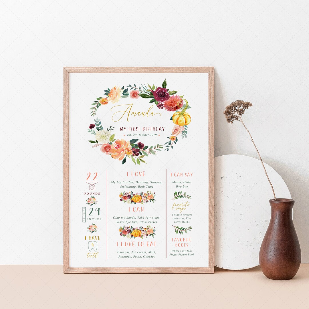 Fall First Birthday Milestone Poster Board Template, Printable Editable ...