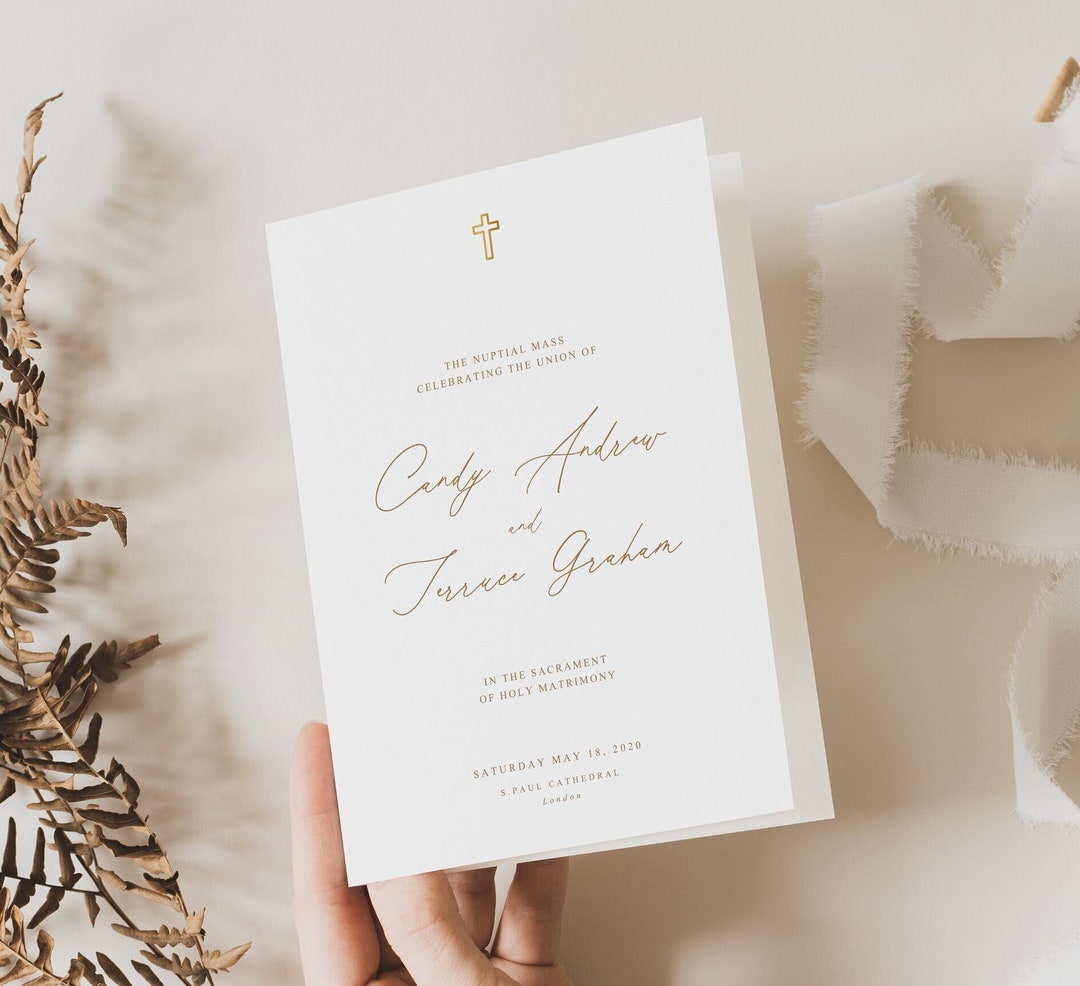 Gold Catholic Wedding Program, Folded Wedding Program Template, Church ...