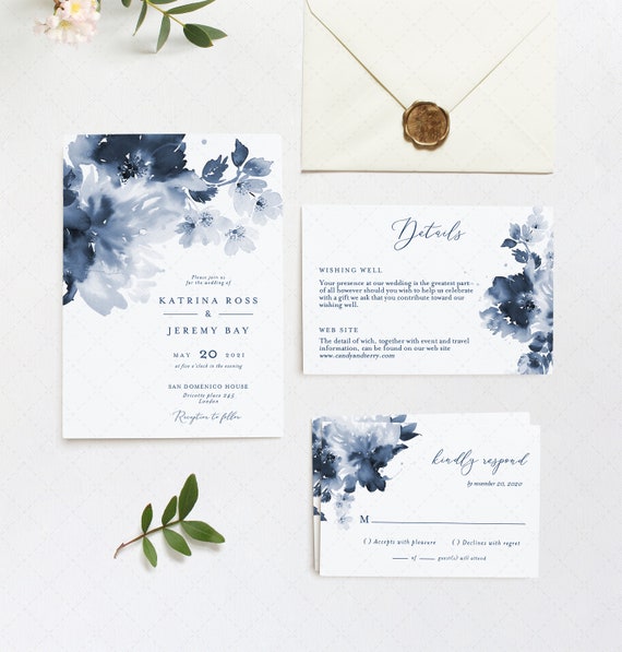 Blue Wedding invitation Template Floral Classic Blue Editable | Etsy
