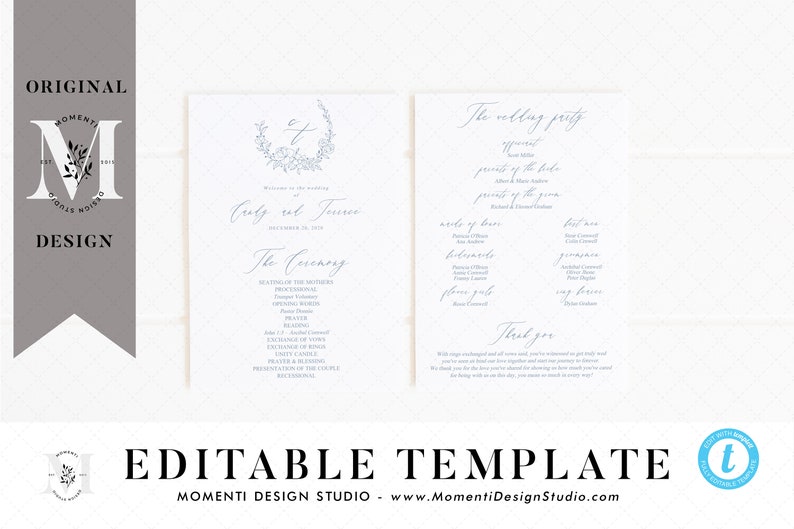 French Blue Program Template Dusty Blue Wedding Program | Etsy