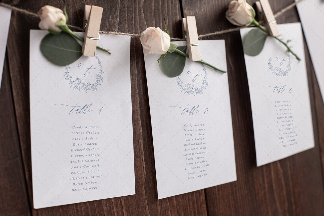 Seating Chart Cards Template, Monogram Dusty Blue Seating Cards ...