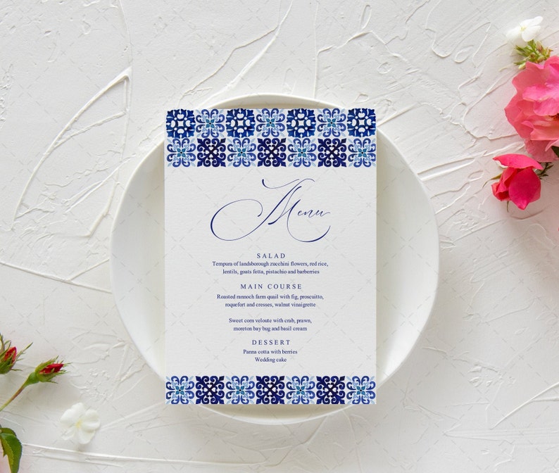 Blue Tile Menu Template Italian Tile Wedding Menu Template - Etsy
