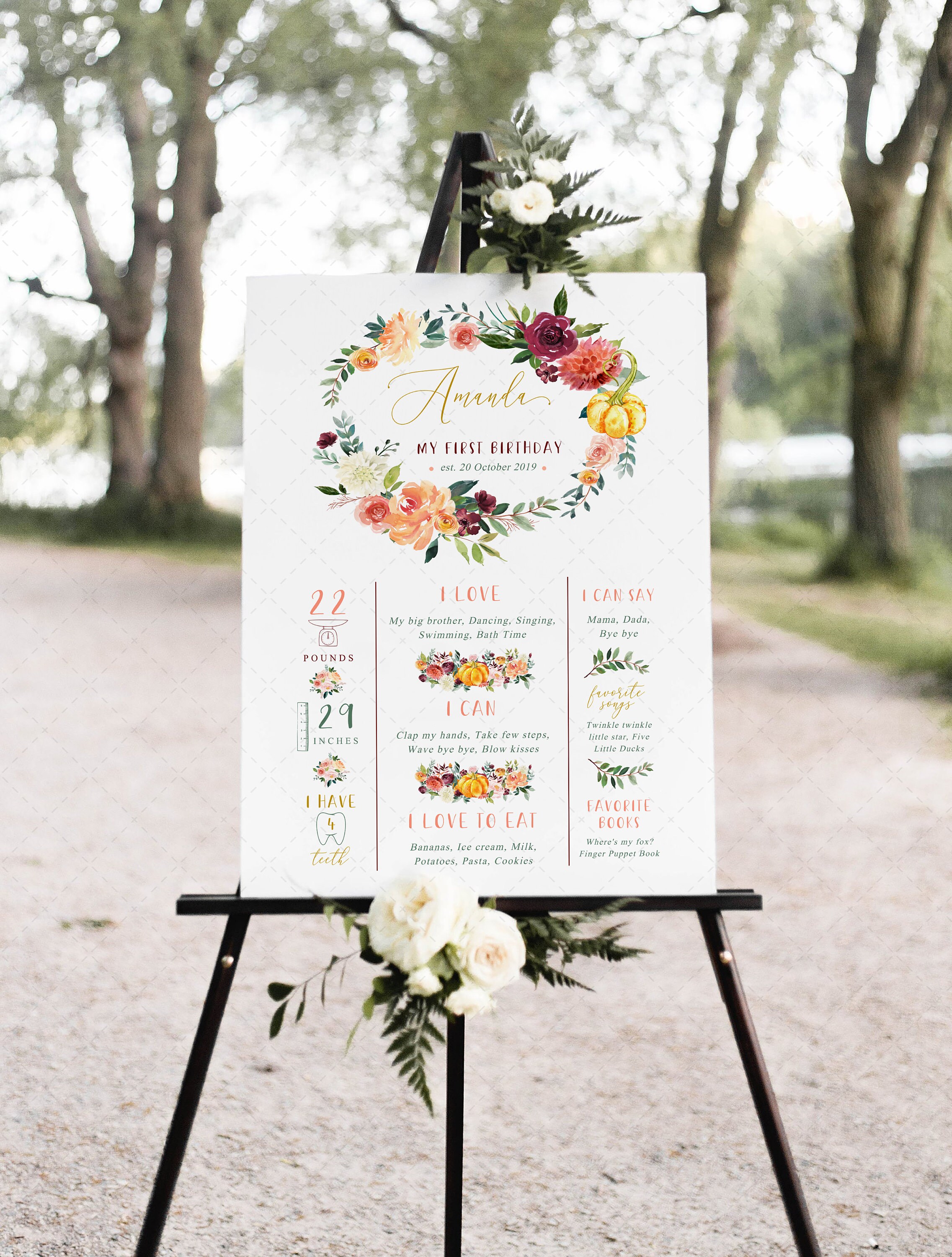 Fall First Birthday Milestone Poster Board Template, Printable Editable ...