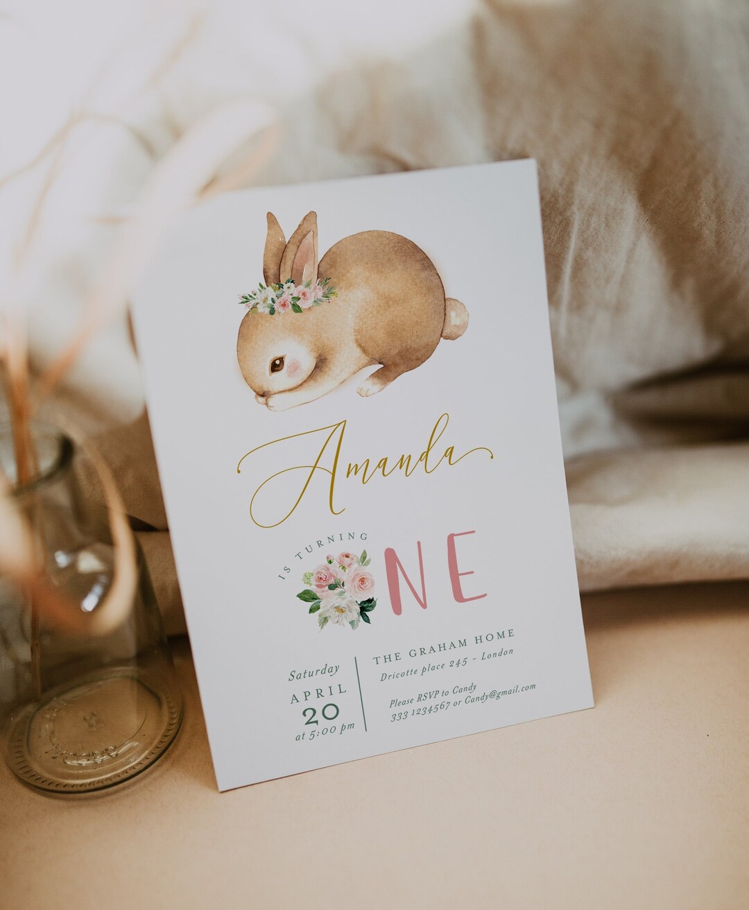 Bunny First Birthday Invitation Template, First Easter Bunny Invitation ...