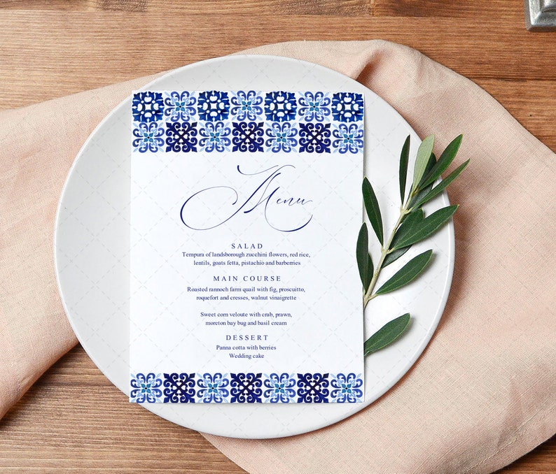 Blue Tile Menu Template Italian Tile Wedding Menu Template - Etsy