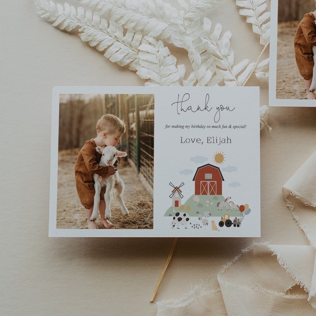 Farm Party Photo Thank You Card Template, Barnyard Party Photo Birthday ...