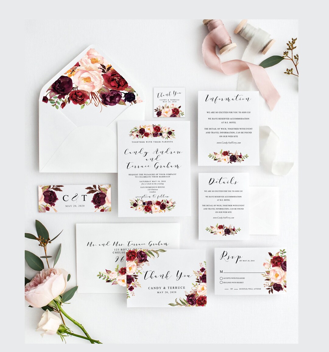Wedding Invitation Marsala Template Burgundy Wedding - Etsy