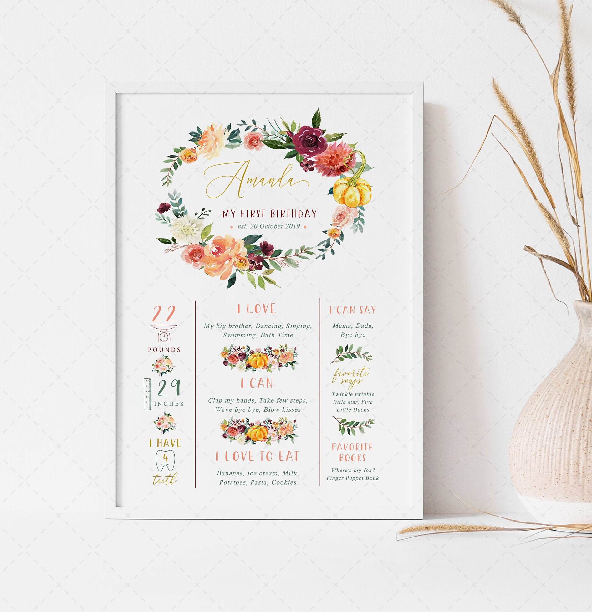 Fall First Birthday Milestone Poster Board Template, Printable Editable ...