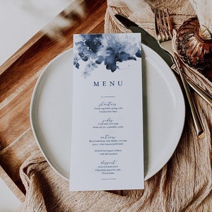 Blue Menu Template, Blue Wedding Menu Cards Template, Watercolor Menu ...