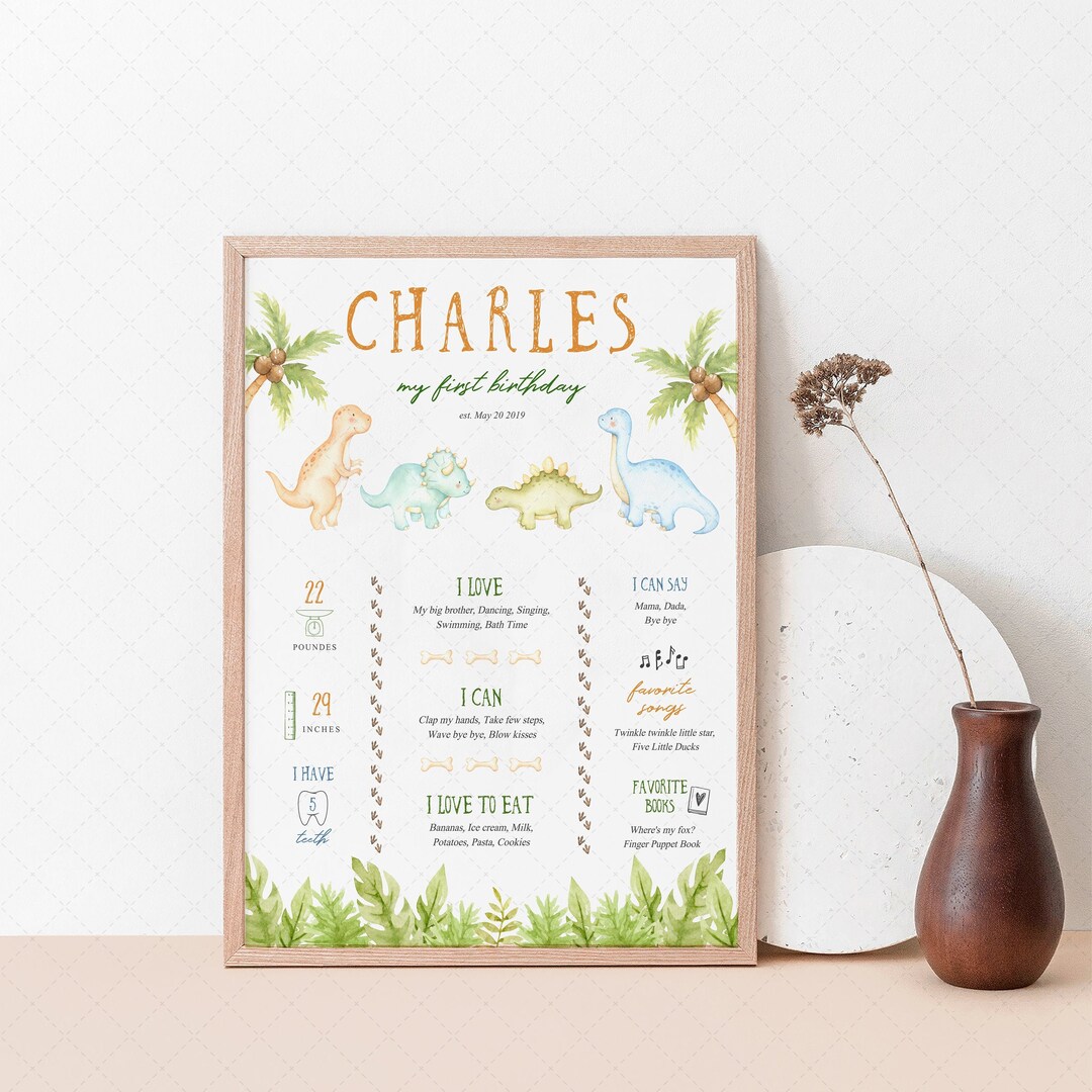 Dinosaur First Birthday Milestone Poster Board Template, Printable ...