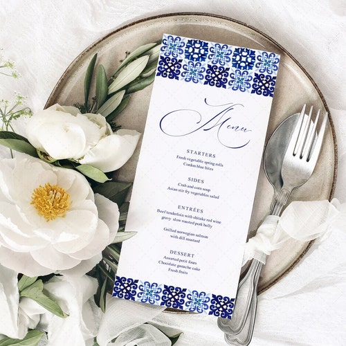 Mediterranean Blue Tiles Menu Template Elegant Portuguese - Etsy