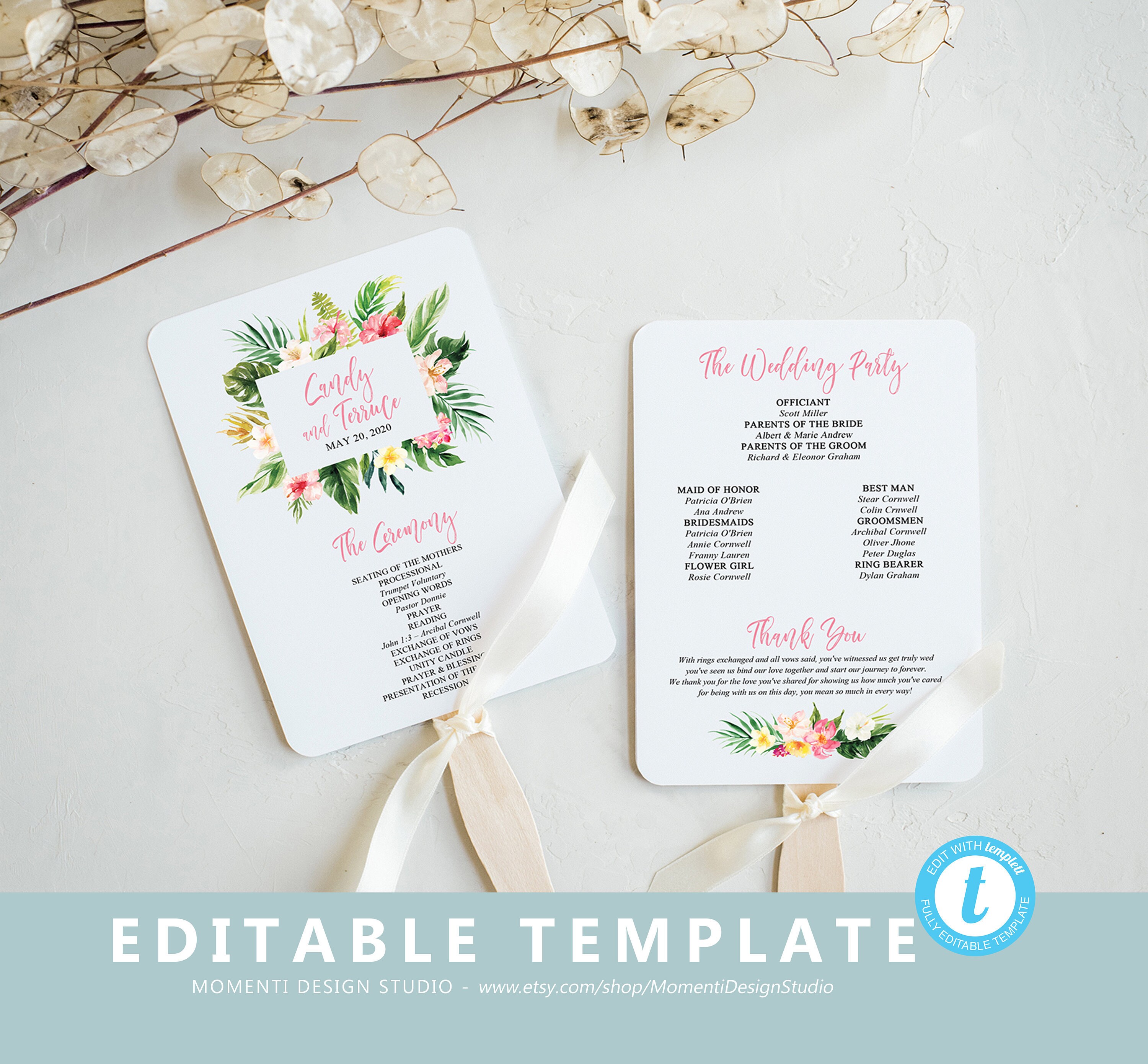 Wedding Fan Program Template Tropical Wedding Program | Etsy