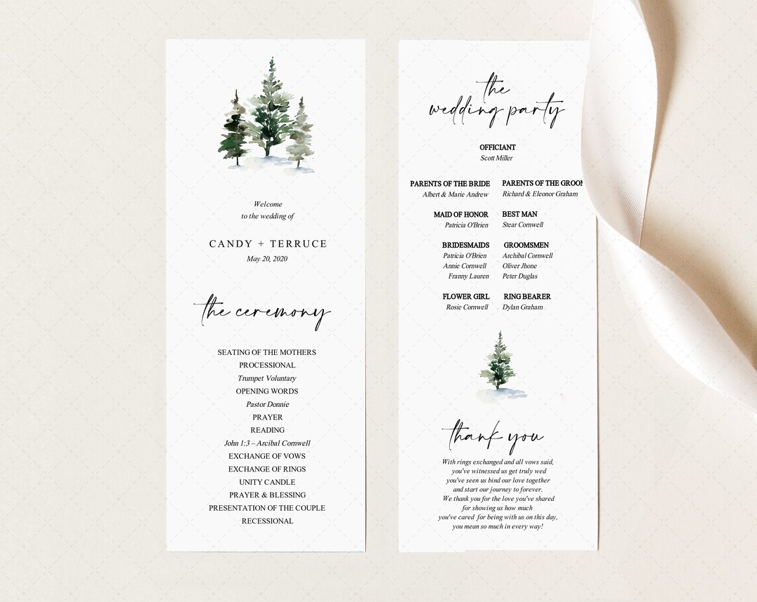 Pine Tree Wedding Program Template, Winter Woodland Program Printable, Editable Mountains Forest ...