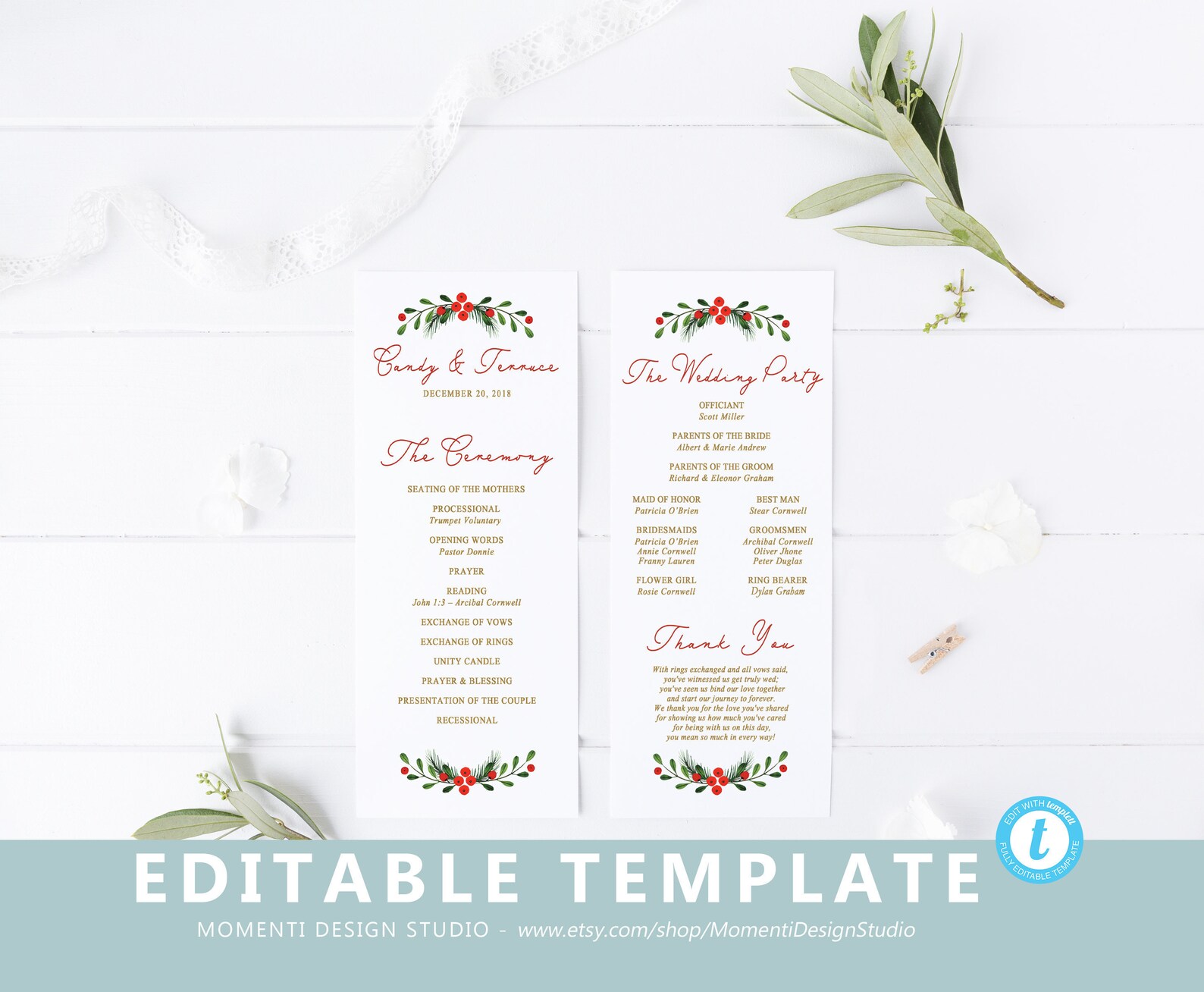 Christmas Wedding Program Template Gold Christmas Program | Etsy