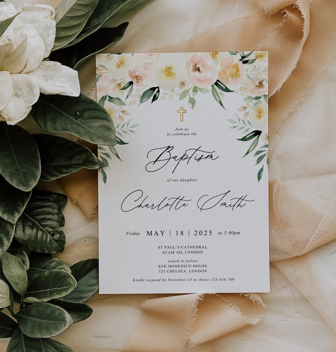 Girl Baptism Invitation Template, Blush Baptism Invitation Template ...