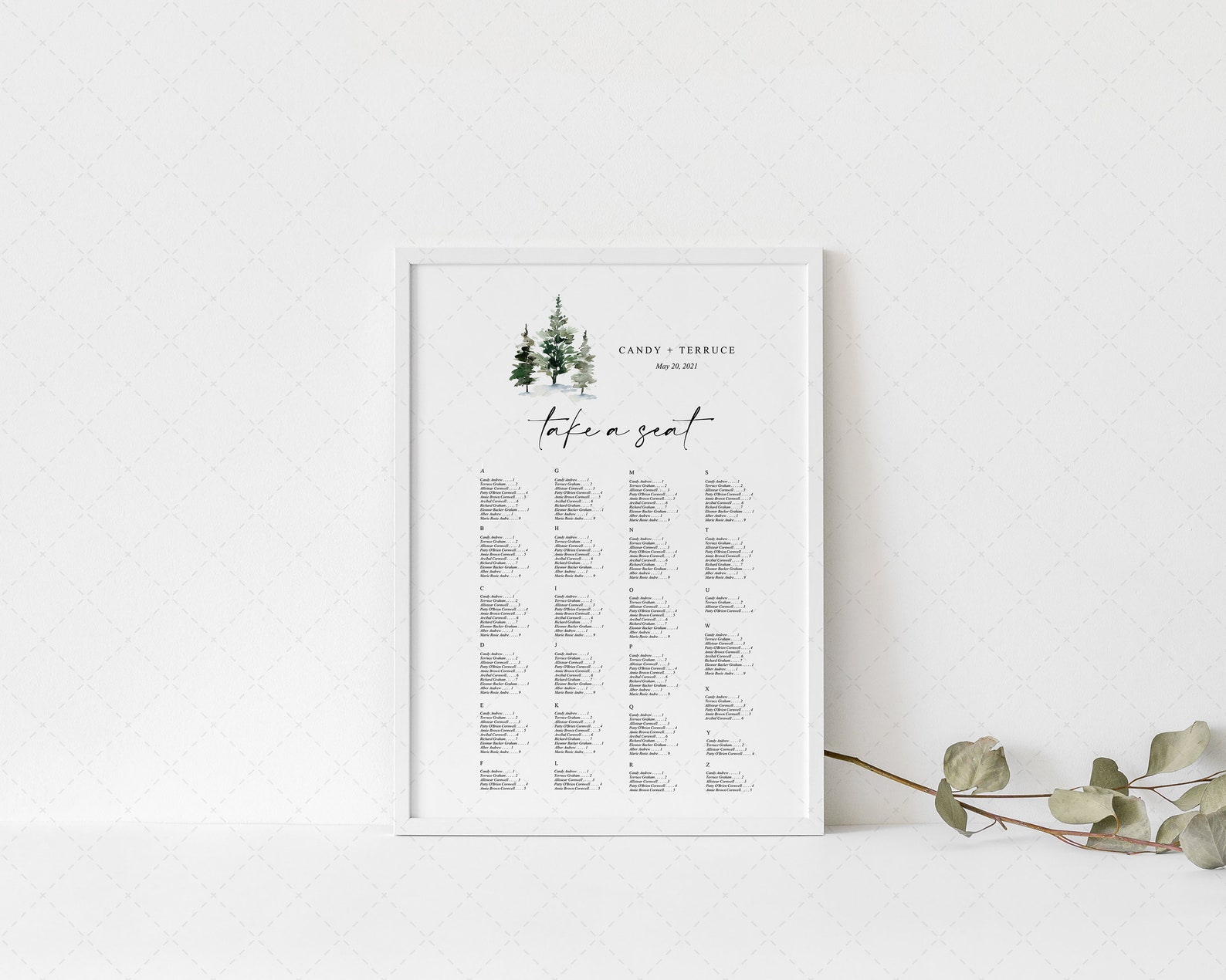 Pine Tree Seating Chart Template, Woodland Forest Alphabetical Seating ...