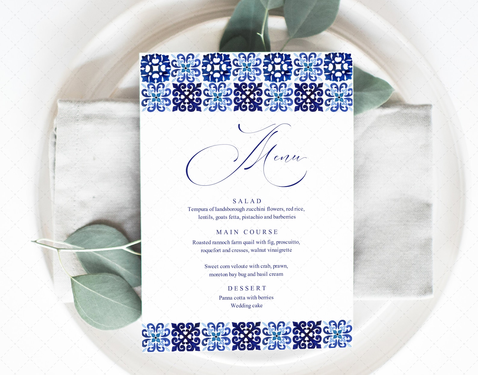 Blue Tile Menu Template, Italian Tile Wedding Menu Template, Portuguese ...