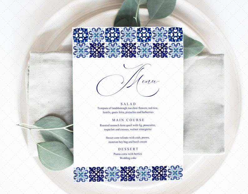 Blue Tile Menu Template Italian Tile Wedding Menu Template - Etsy