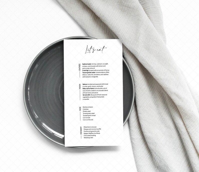 Minimal Wedding Menu Template Modern Menu Cards Editable | Etsy