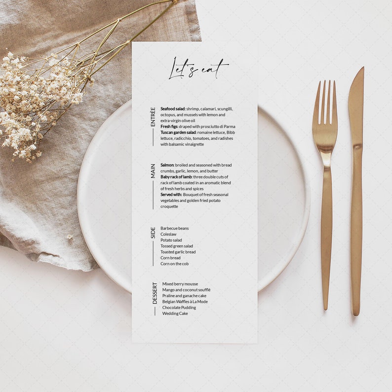 Minimal Wedding Menu Template Modern Menu Cards Editable | Etsy