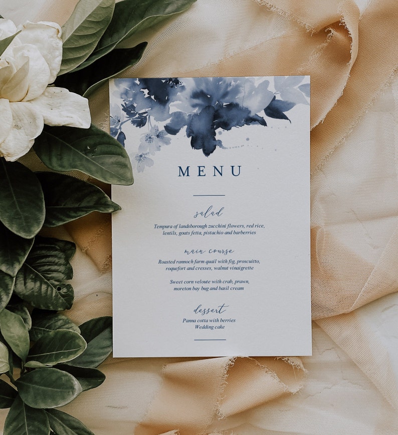 Blue Menu Template, Blue Wedding Menu Cards Template, Watercolor Menu ...