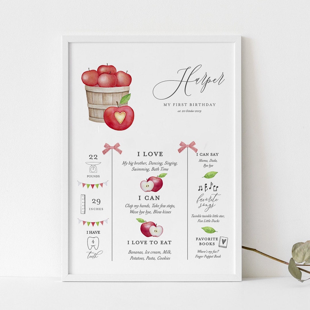 Apple First Birthday Milestone Poster Board Template, Apple Fall ...