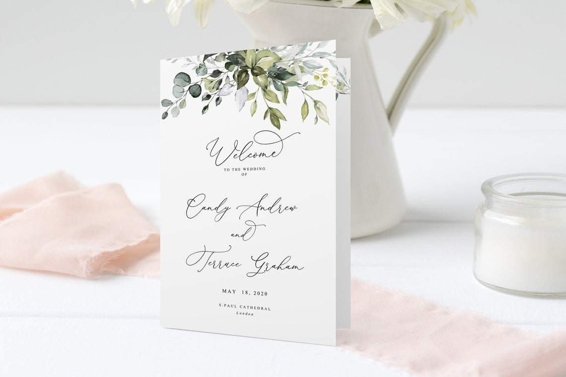 Greenery Program Template Folded Wedding Program Printable - Etsy