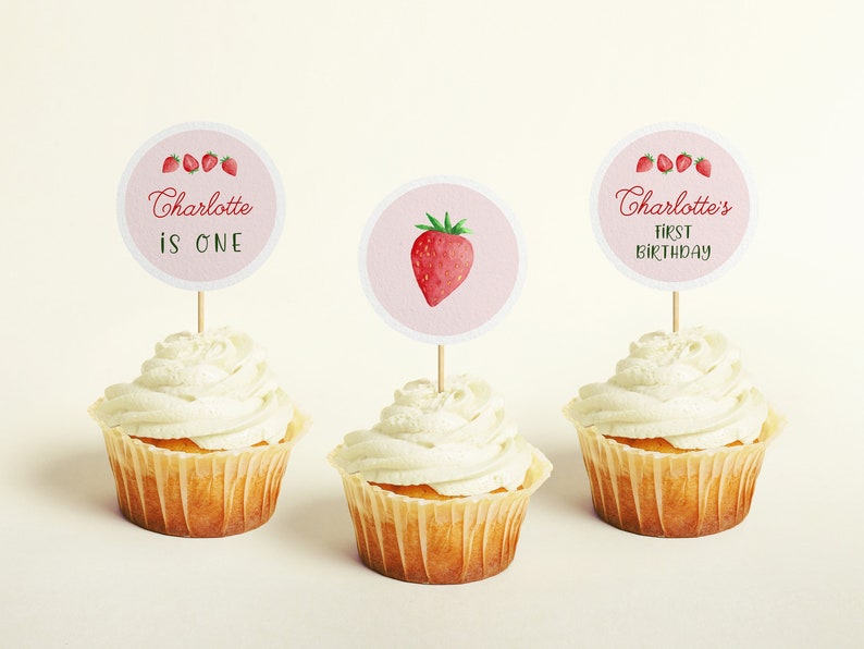 Strawberry Cupcake Topper Template, Strawberry Birthday Party Cupcake ...