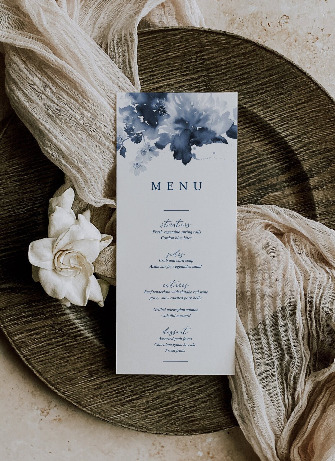 Blue Menu Template, Blue Wedding Menu Cards Template, Watercolor Menu ...