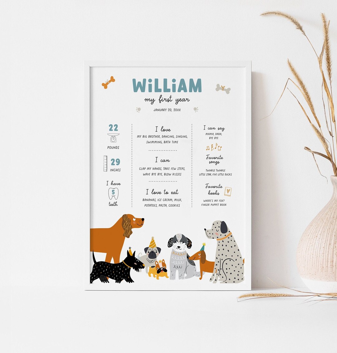 Dog First Birthday Milestone Poster Board Template, Printable Editable ...