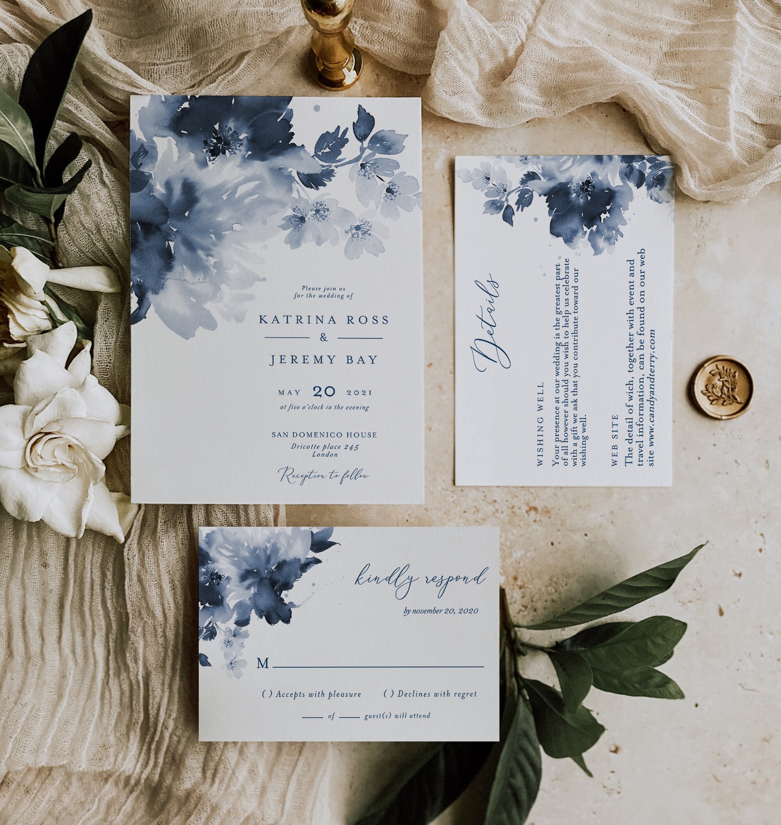 Blue Wedding Invitation Template, Floral Classic Blue Editable ...