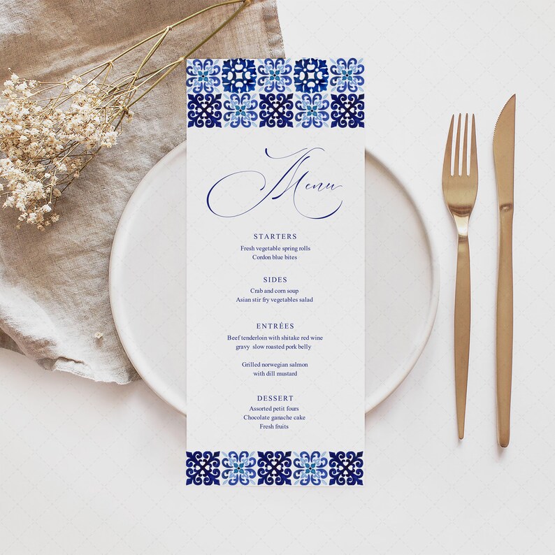 Blue Tile Menu Template Italian Tile Wedding Menu Template - Etsy