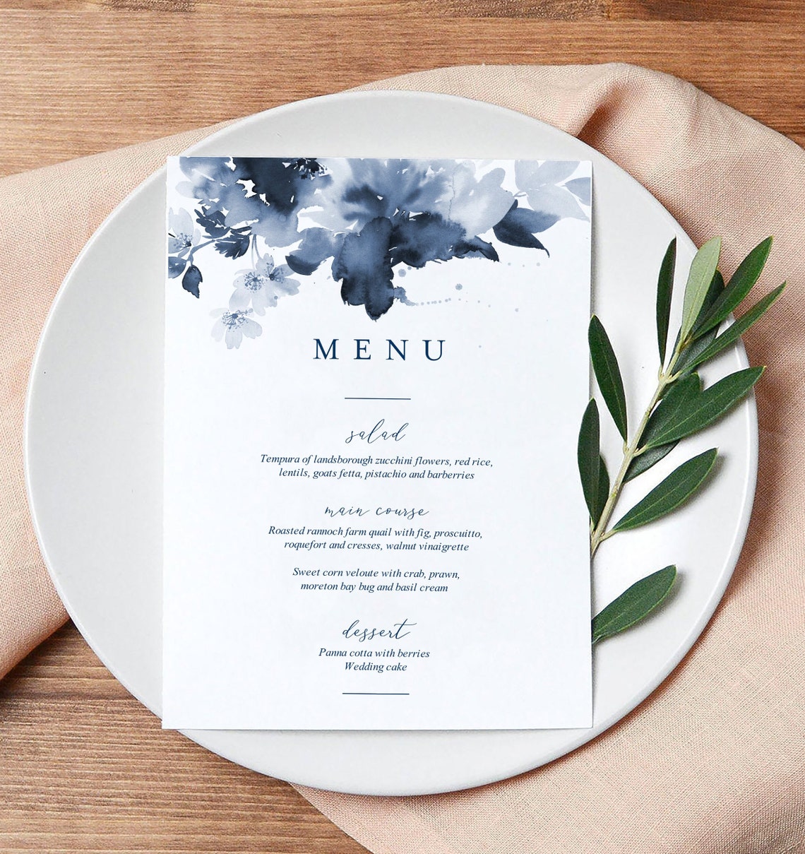 Blue Menu Template, Blue Wedding Menu Cards Template, Watercolor Menu ...
