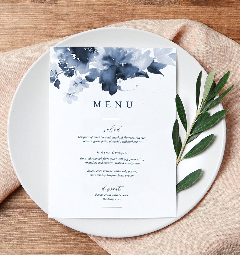 Blue Menu Template, Blue Wedding Menu Cards Template, Watercolor Menu ...