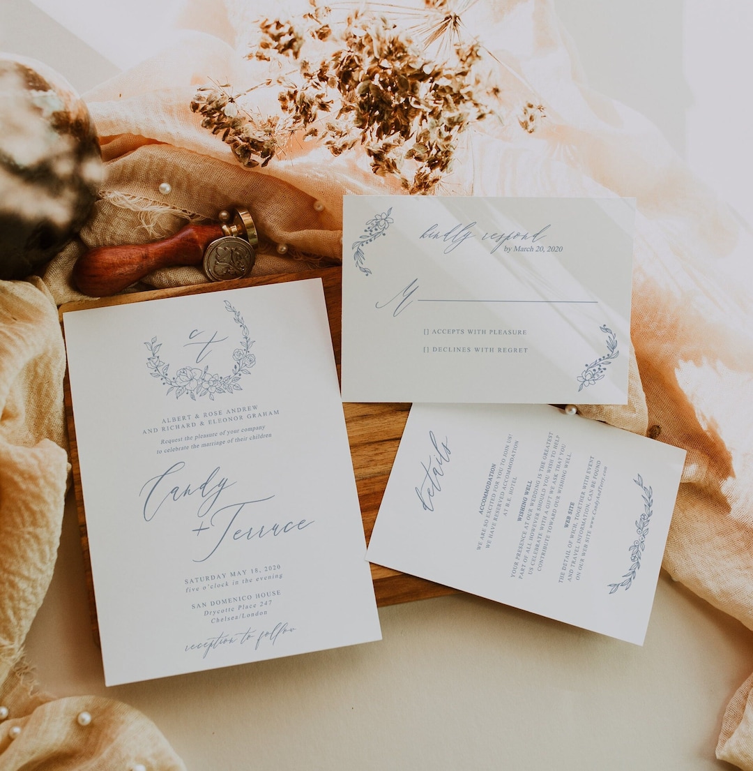 French Blue Wedding Invitation Template, Dusty Blue Wedding Invitation ...