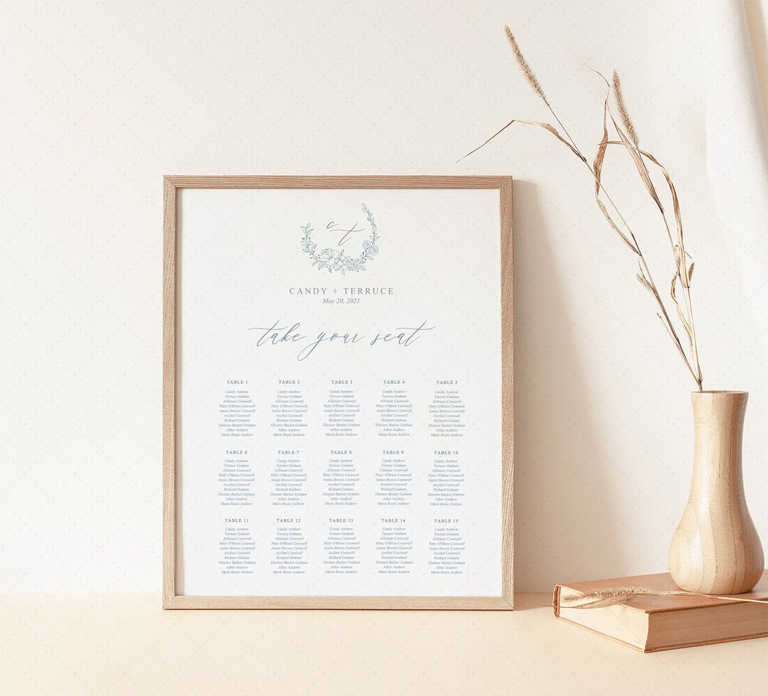 Dusty Blue Seating Chart Template, Rustic Monogram Seating Chart ...