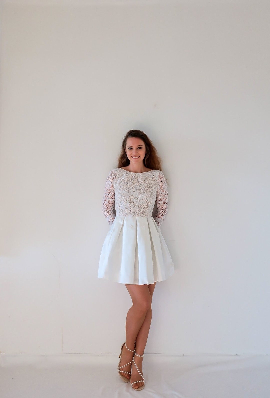 Short Skirted Wedding Dress in Silk, Lace, Backless. Civil Wedding ...
