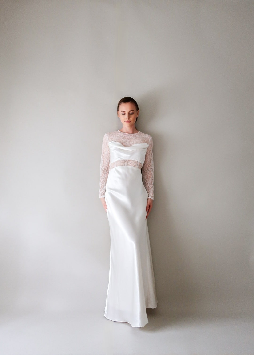 Simple Clean Wedding Dress in Silk and Lace. Transparent Back, Long ...