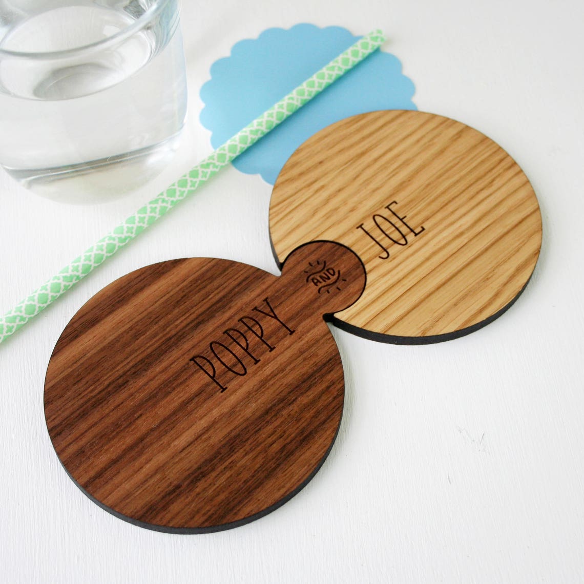 Oak & Walnut Round Personalised Coasters Modern Typography - Etsy