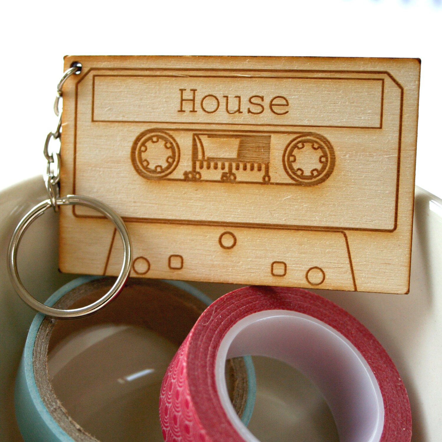 Retro cassette tape wooden keyring | Etsy