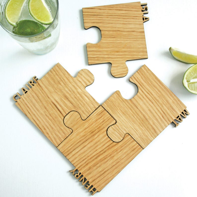 Set of Four Personalised Wooden Cut Out Typography Coasters | Etsy