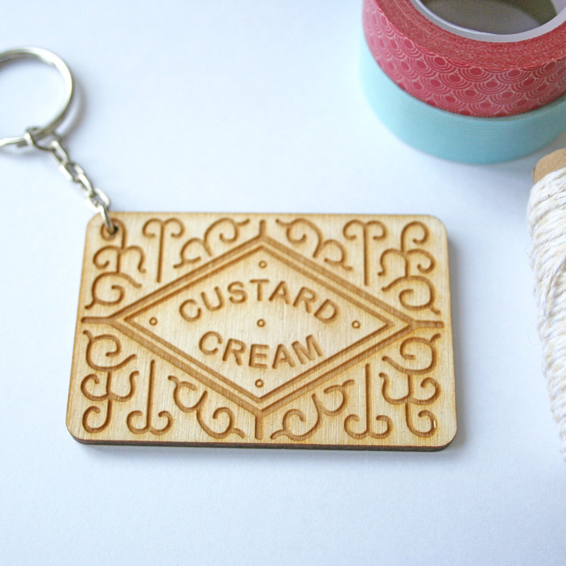 Custard Cream Biscuit Wooden Personalised Keyring | Etsy
