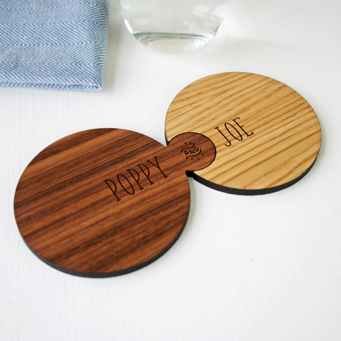 Oak & Walnut Round Personalised Coasters Modern Typography - Etsy