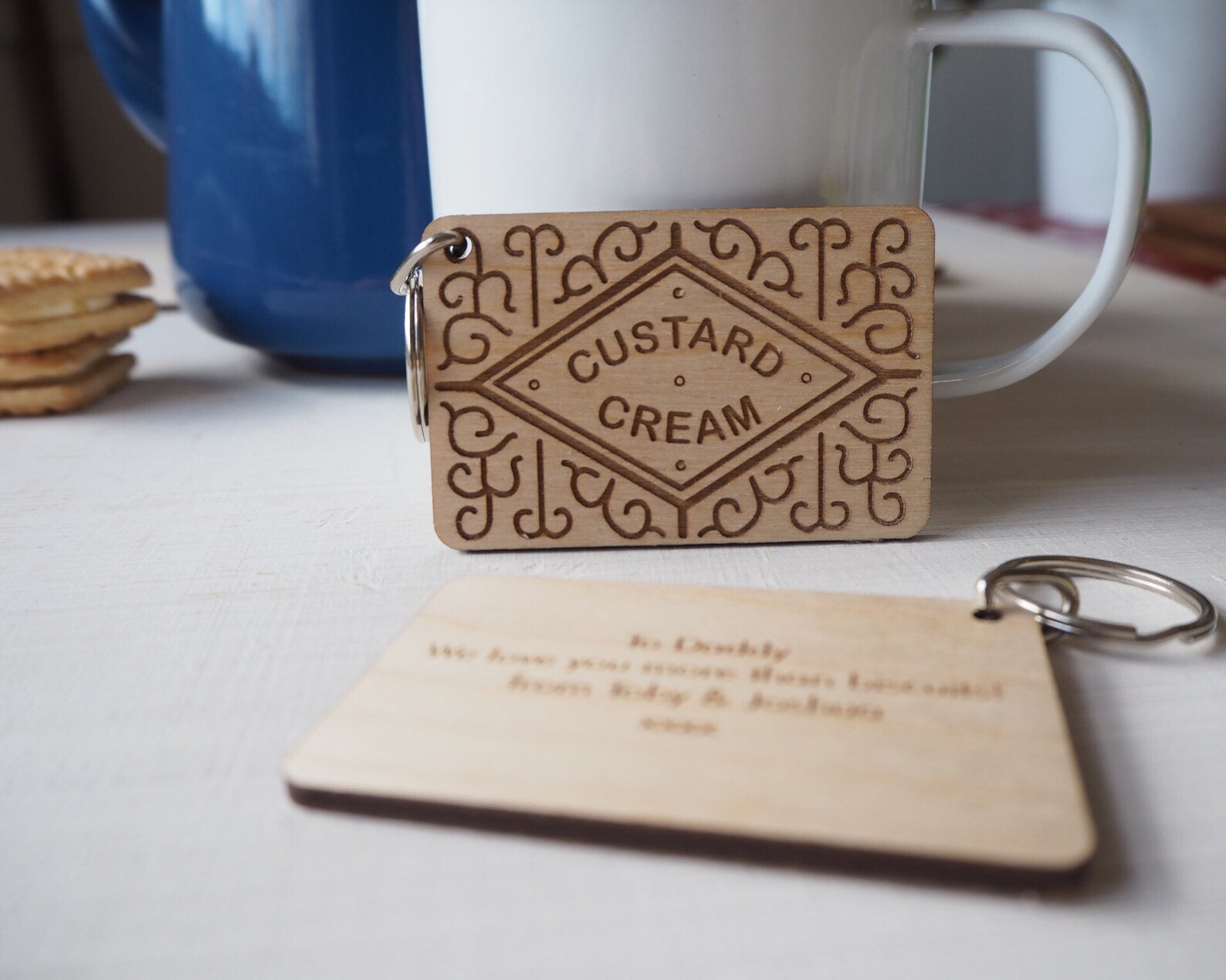 Custard Cream Biscuit Wooden Personalised Keyring | Etsy