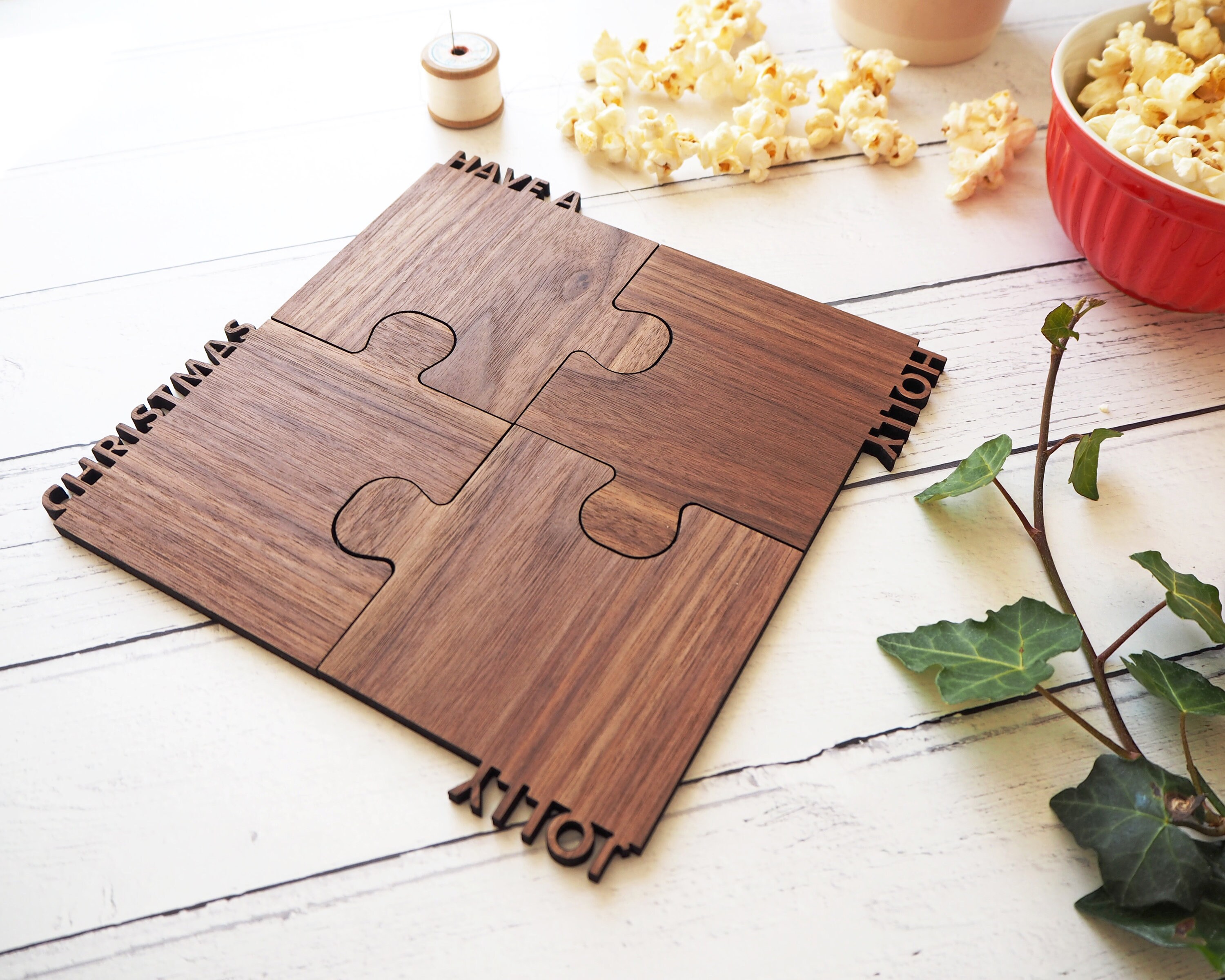 Set of four personalised wooden cut out typography coasters | Etsy