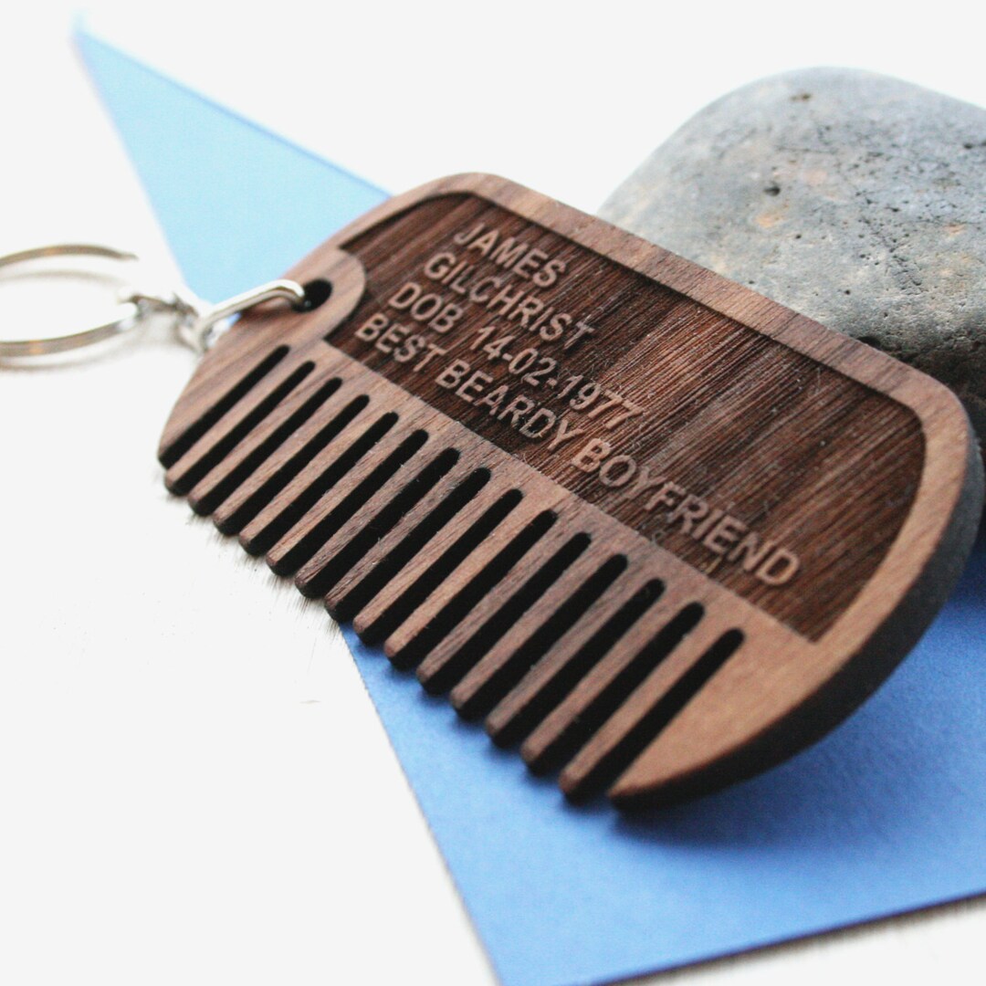 Personalised Wooden Dog Tag Beard and Moustache Comb Keyring - Etsy UK