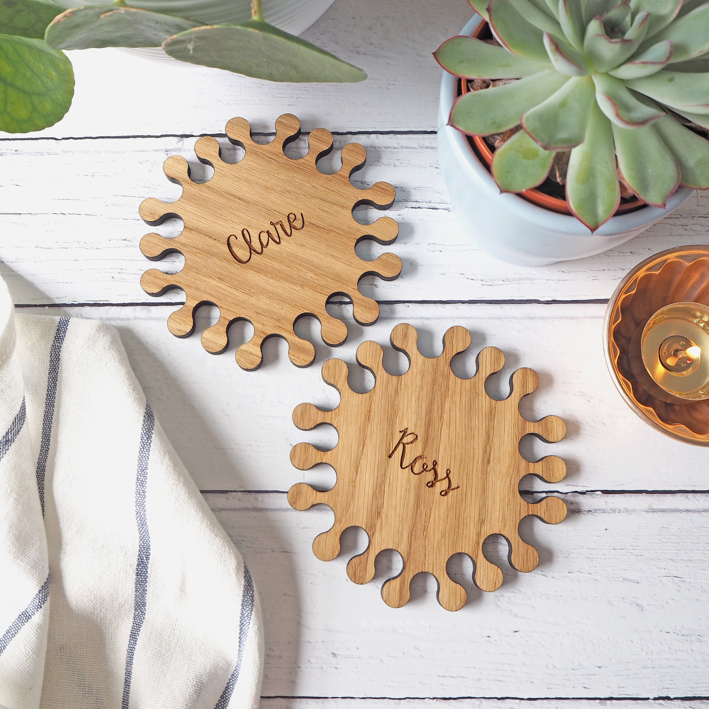 Hexagon Interlocking Wood Personalised Coasters Oak - Etsy UK